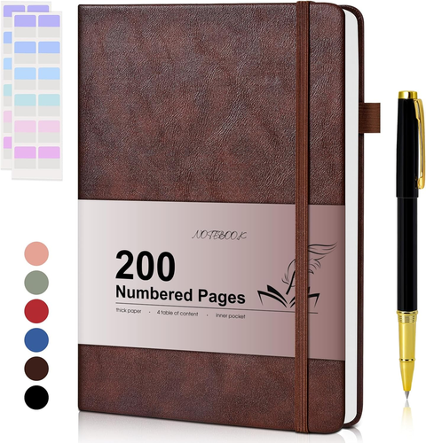 Lined Journal Notebook for Men Women, 200 Numbered Pages Leather Brown ...