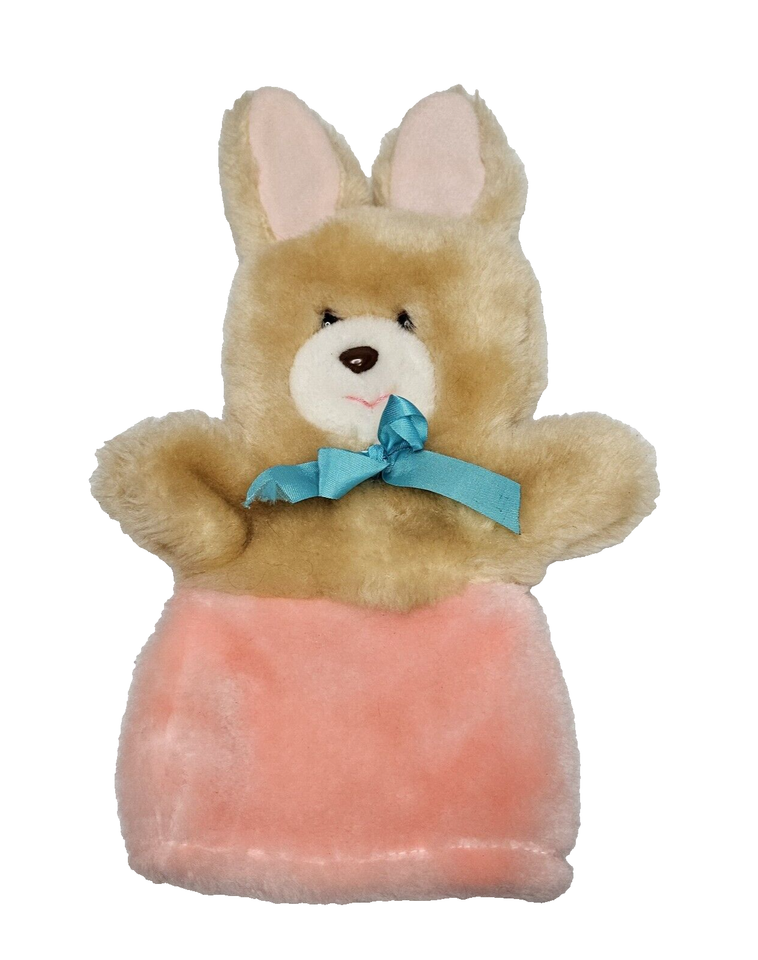 Bunny Hand Puppet Plush Rabbit Pink Tan Blue Bow 11 Inches Easter ...