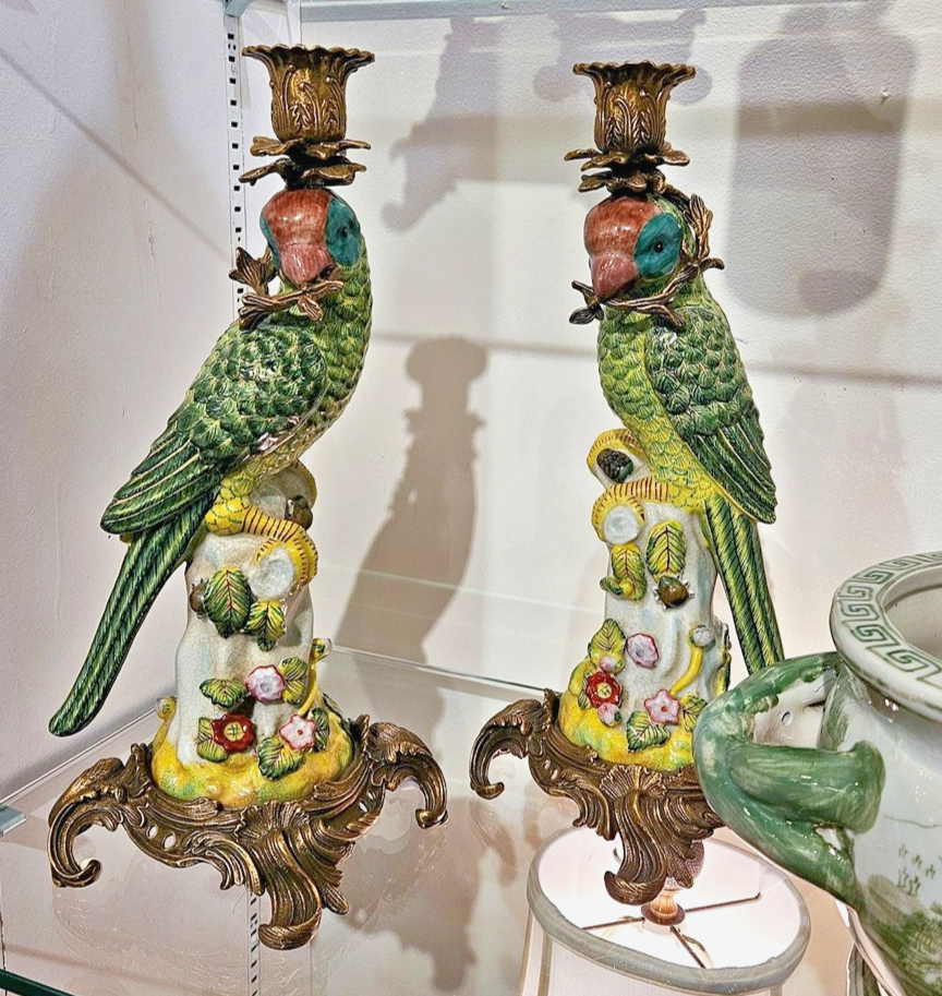 Porcelain Bronze Ormolu Green Parrot Birds Candlesticks Candle Holder ...
