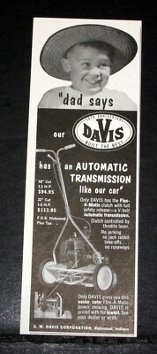 1952 OLD MAGAZINE PRINT AD, DAVIS POWER LAWN MOWER, WITH AUTOMATIC ...