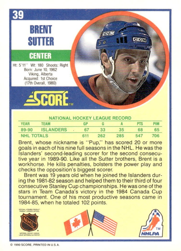 1990-91 Score Canadian #39 Brent Sutter | eBay