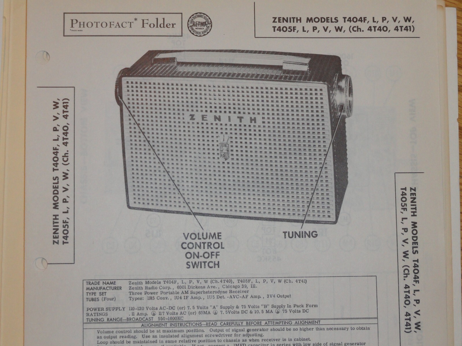 Original Sams Photofact Manual ZENITH T404F, L, P, V, W, T405F, L, P, V ...