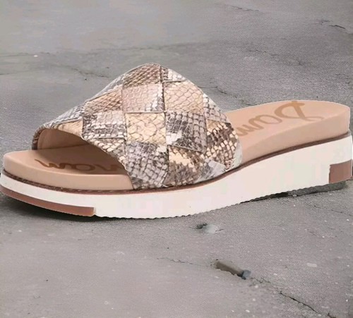 SAM EDELMAN Sz 7.5 M Sandals Sport Slide Adaley Beige Woven Vegan Snake ...