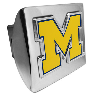 michigan yellow M logo metal emblem on shiny chrome trailer hitch cover ...