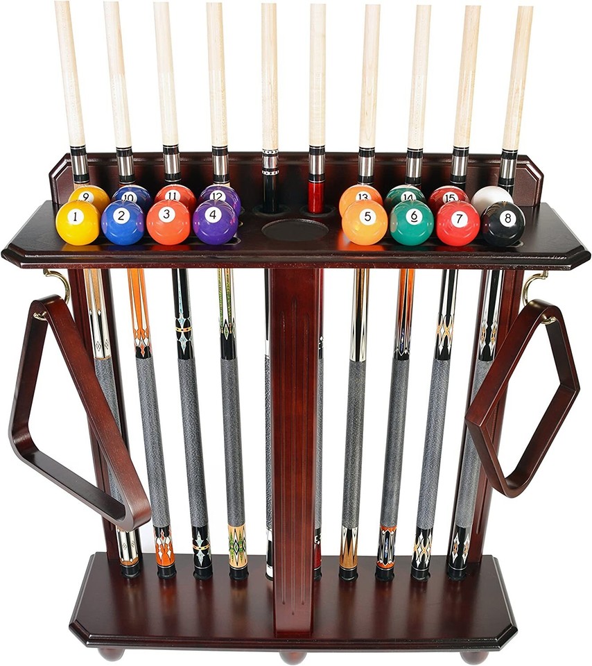 Billiards Pool Cue Stick Balls Rack Holder Wood Floor Stand Game Room ...