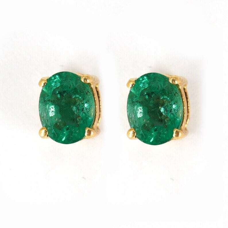 Natural Zambian Emerald Minimalist Women Stud Earrings Solid 10k Yellow ...