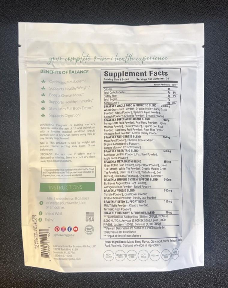 Bravenly Global BALANCE Factory Sealed Mixed Berry Flavor Powder 30 ...