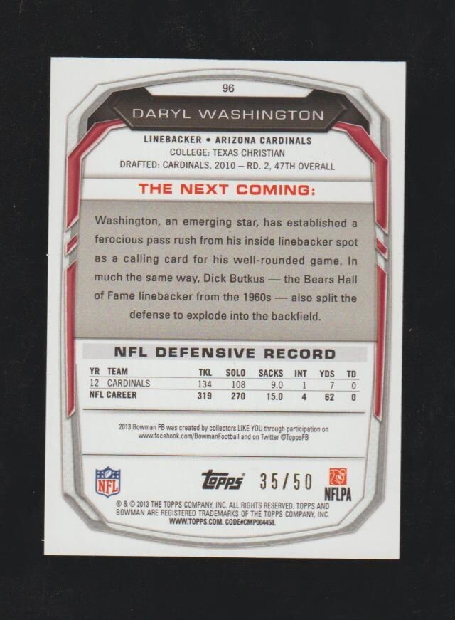 2013 Bowman Orange /50 Daryl Washington #96 | eBay