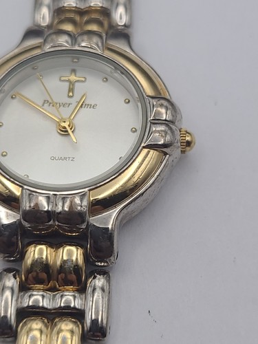 Ladies Women Watch Silver Gold Tone Links Cross Prayer Time Scripture ...