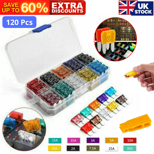 120Pcs Mini Blade Fuses Boxed Assorted Car Van Bike Fuse Set 5 10 15 20 ...