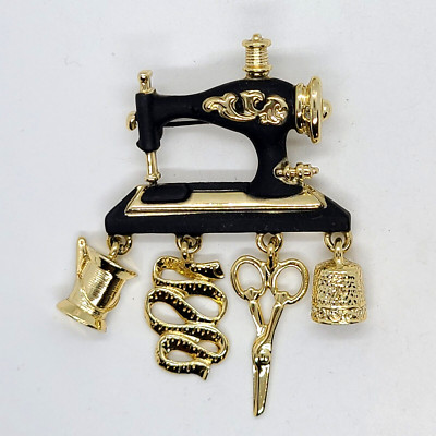 Danecraft Sewing Machine Brooch Matte Black Enamel Gold Tone | eBay