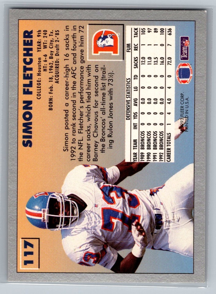 1993 Fleer Football #117 Simon Fletcher Denver Broncos | eBay