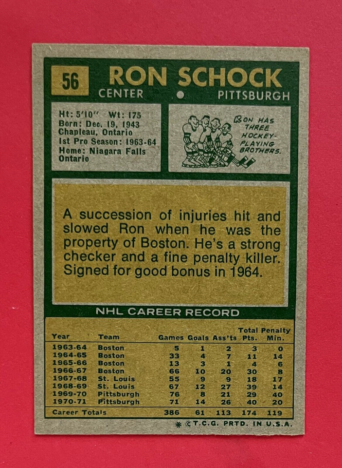 1971-72 Topps #56 Ron Schock Pittsburgh Penguins NRMT OR BETTER | eBay