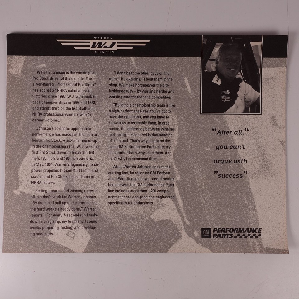 Warren Johnson NHRA Pro Stock Race Program Oldsmobile 1990s Drag Racing ...