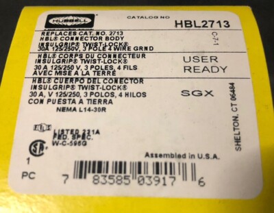 HBL2713 Hubbell Twist Lock Connector Body 30A 3 Pole 4 Wire 125/250 ...