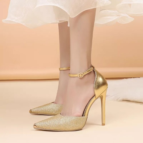 Éscarpins Chaussures Femme Talon 12 CM Or Strass Bracelet Cuir ...