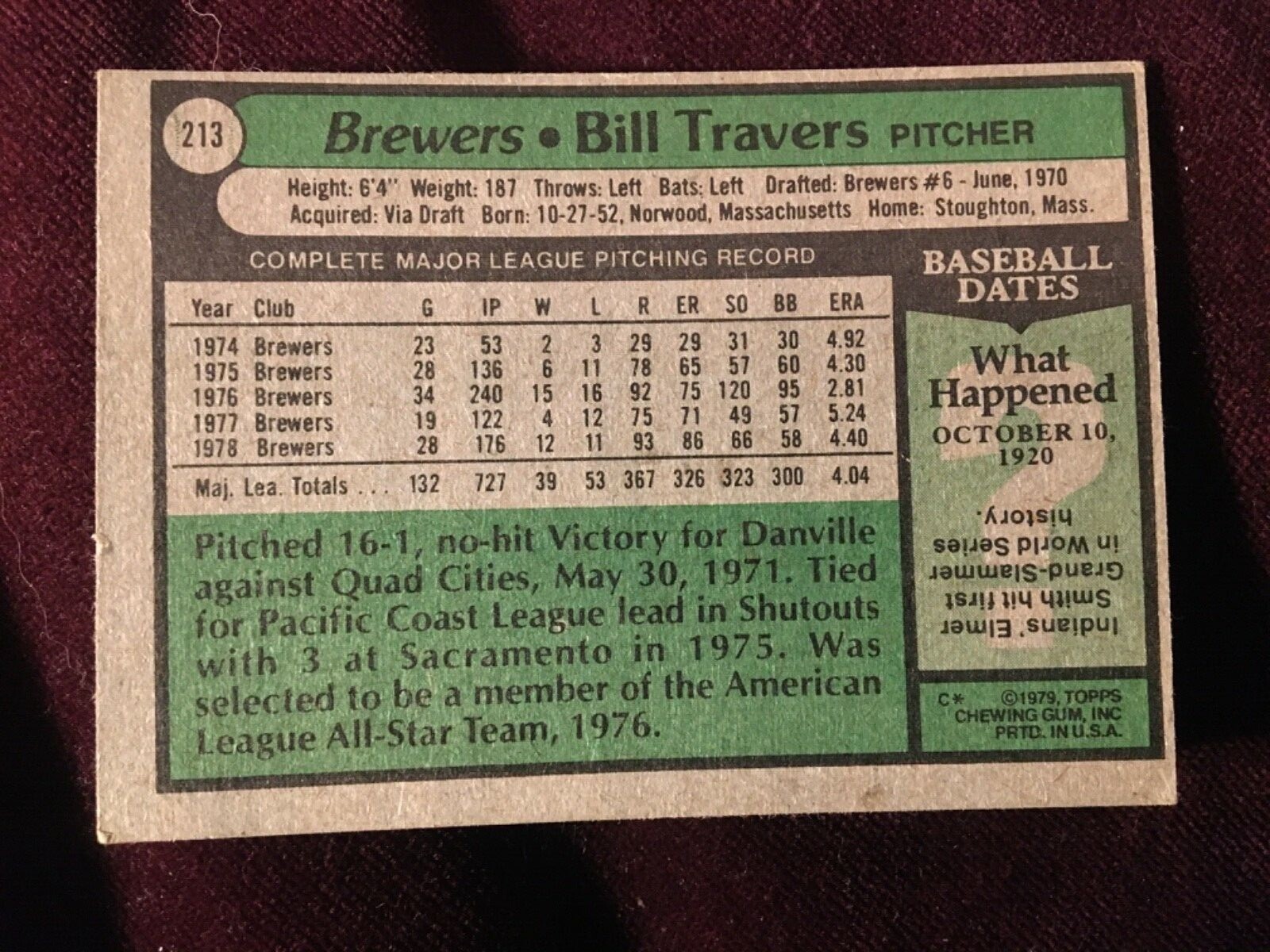 1979 Topps #213 Brewers Bill Travers Baseball Card | eBay