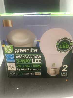 2 PACK GREENLITE 3-Way 40W 60W 100W LED A19 Bright White LIGHT BULBS 4W ...