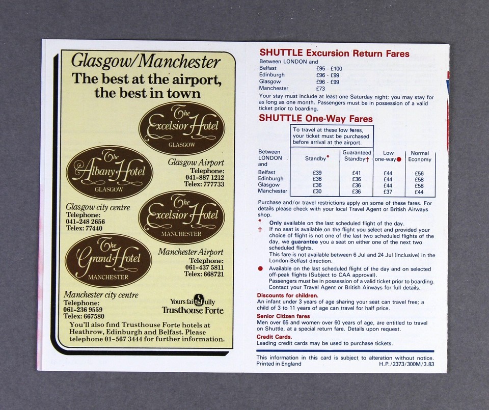 BRITISH AIRWAYS SUPER SHUTTLE AIRLINE TIMETABLE MARCH - OCTOBER 1983 BA ...