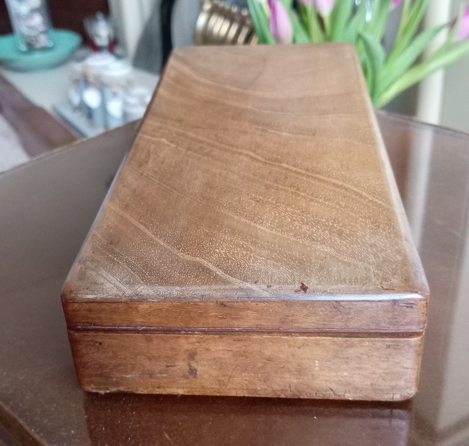 Small Edwardian Antique Walnut Box with Brass Escutcheon, Lock & Key ...