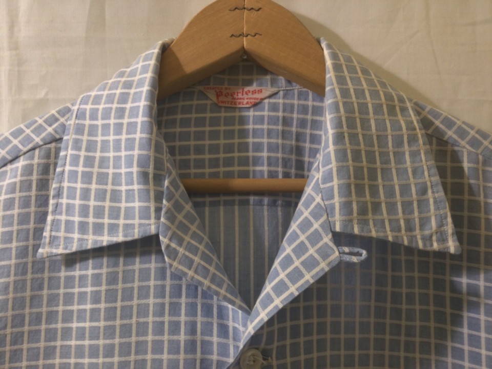 Men's 1950's Loop collar long sleeve grid pattern shirt size 15 15-1/2 ...