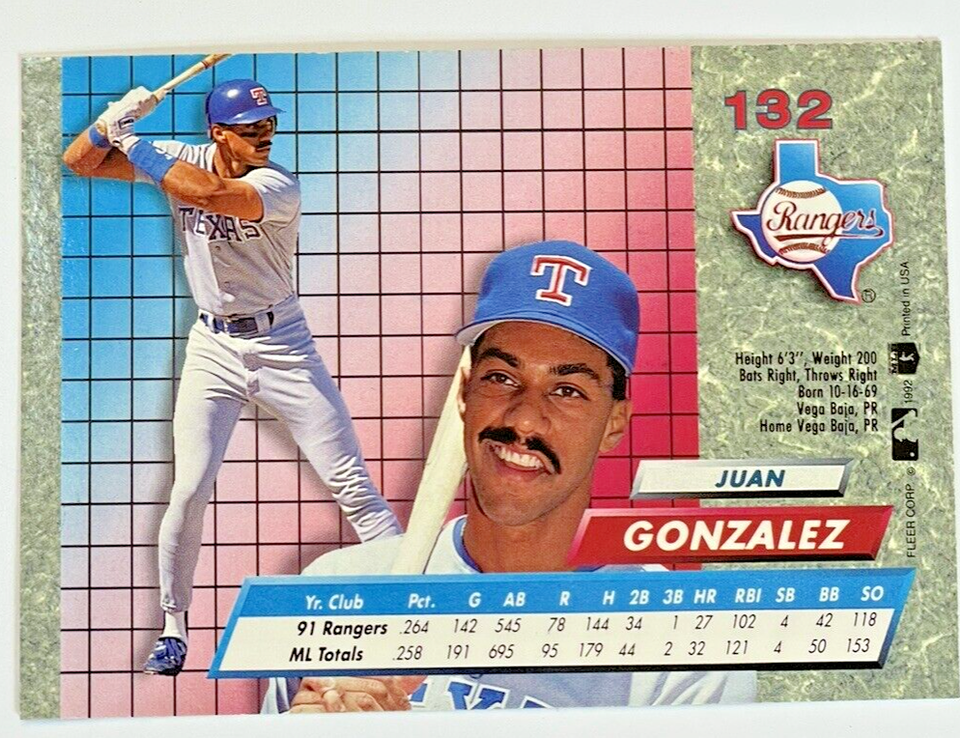 JUAN GONZALEZ Autographed Signed '92 FLEER ULTRA Baseball Card TEXAS ...