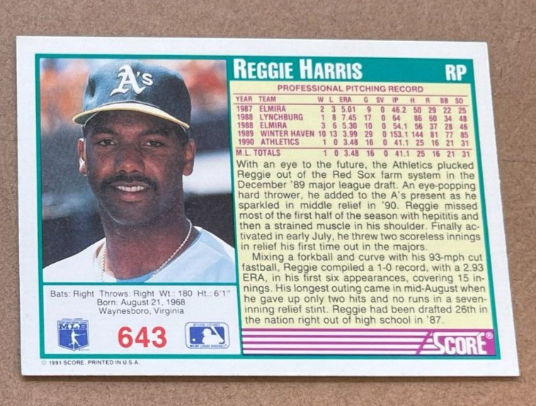 1991 Score Card # 643 Reggie Harris - Oakland Athletics | eBay