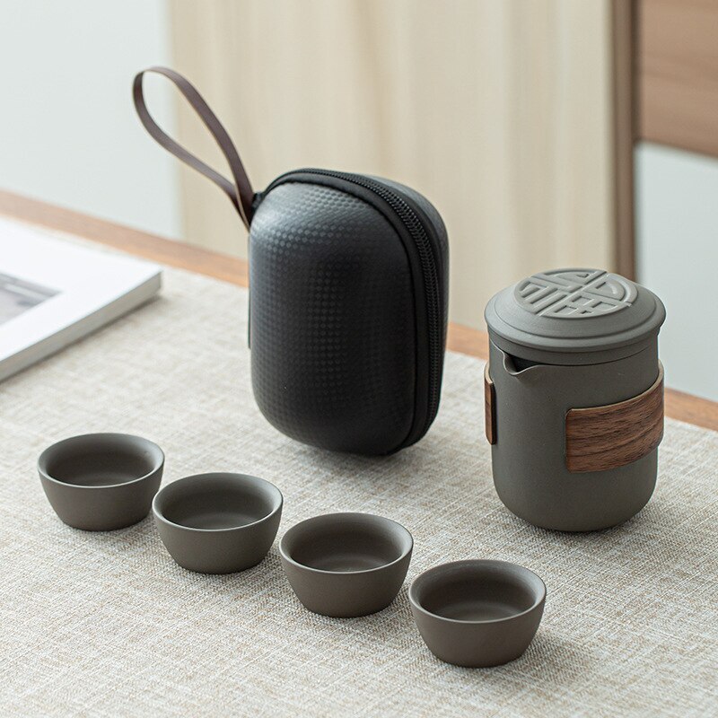 Kung Fu Tea Set Purple Clay One Pot Four Cups Portable Outdoor Travel ...
