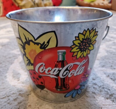 Coca Cola Metal Tin Bucket Wood Handle Flowers And Ladybug 5" x 6” 2000 ...