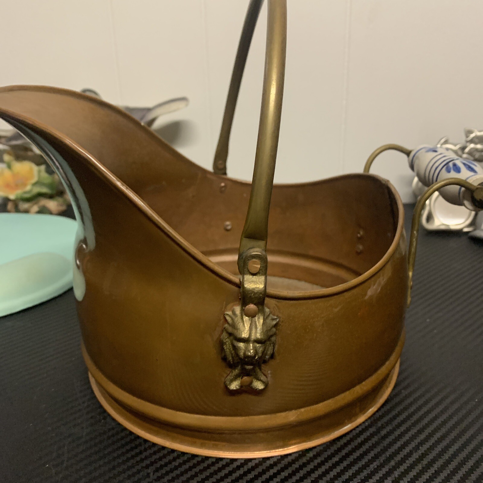 Vintage Brass Pitcher Pail Planter Lion Handle w/ Stoneware ‘Jewel ...