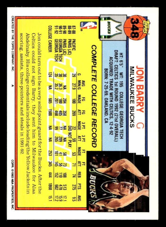 1992-93 Topps Basketball Card #348 Jon Barry Milwaukee Bucks Gold | eBay