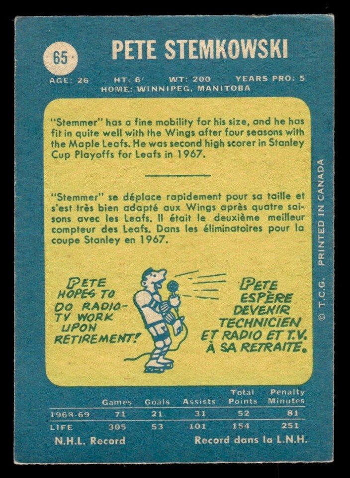 1969 OPC O-Pee-Chee Hockey #65 Pete Stemkowski VG | eBay