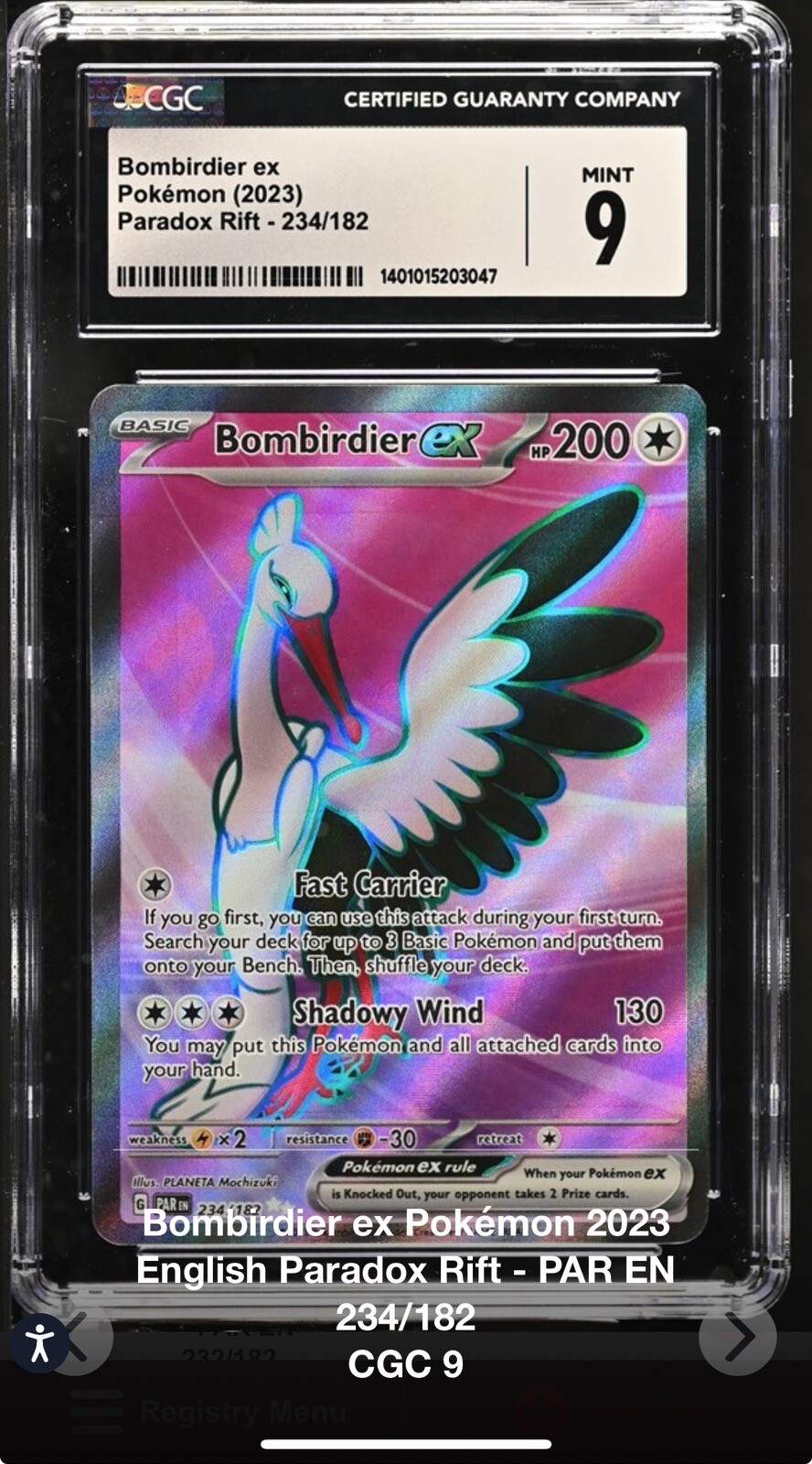 2023 Pokemon PAR Bombirdier EX Paradox Rift Ultra Rare 234/182 CGC 9 ...