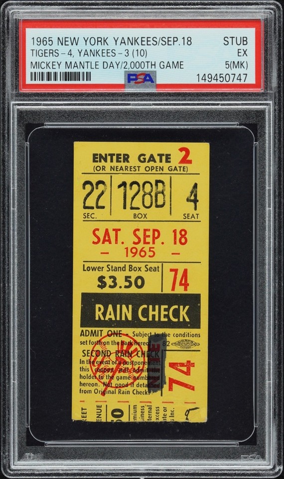 MICKEY MANTLE DAY - GAME #2,000 - SEP 18 1965 YANKEES TICKET STUB PSA 5 ...
