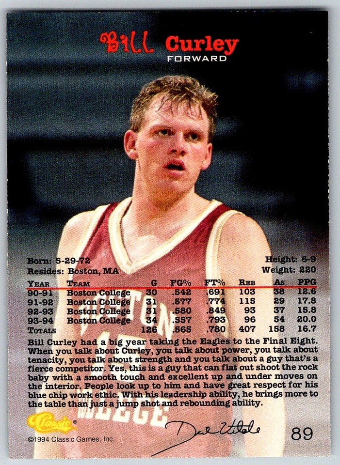 1994-95 Classic Draft BILL CURLEY #89 Boston College Eagles - FREE Ship ...