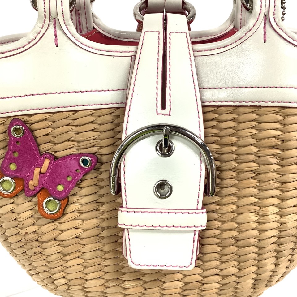 Coach Straw Butterfly Embellished Tote with White Leather Trim (13 ...