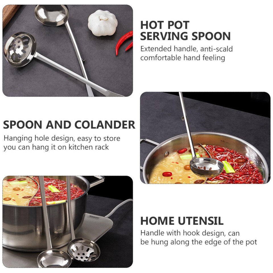 2PCS Stainless Steel Ladle Cooking Ladle Set Hot Pot Colander Slotted ...