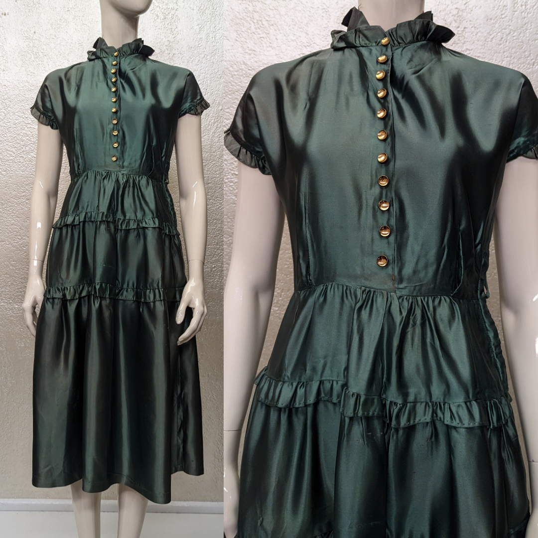 Vintage 1950's Green Satin Ruffled Dress w/Button Front Costume Pattern ...