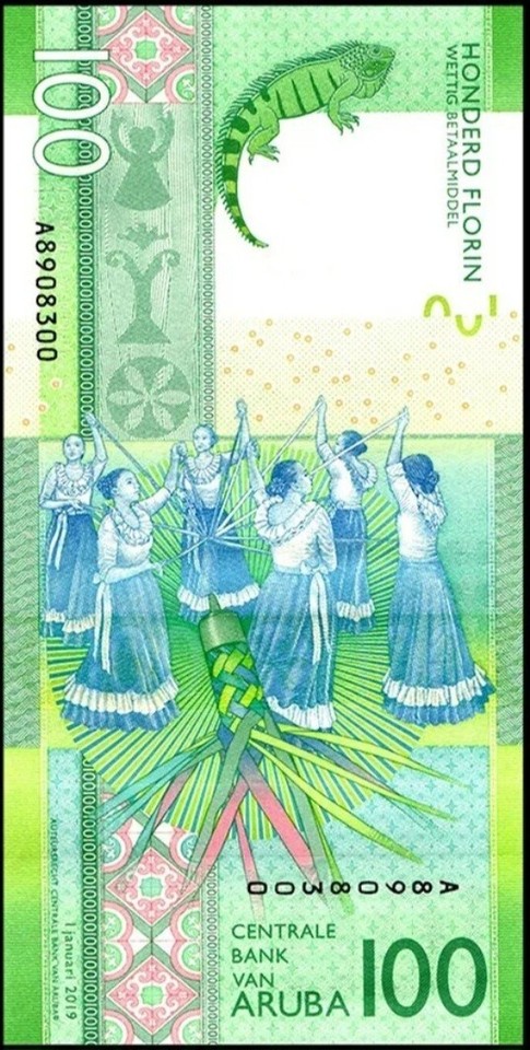 Aruba 100 florin AWG Uncirculated Strip Iguana Verde Dancers Banknote ...