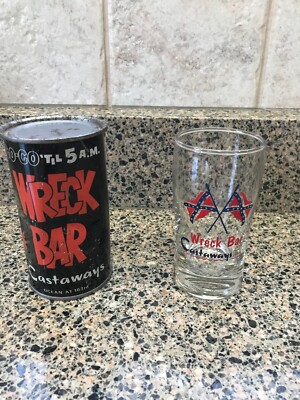 Vintage WRECK BAR CASTAWAYS Beer Glass Miami Beach Florida & shaker can ...