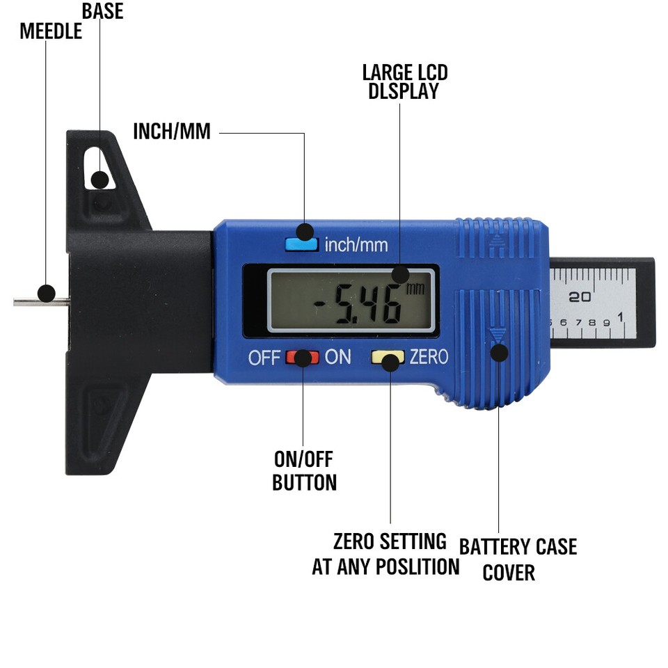 3 Color Portable Digital LCD Tire Thread Depth Gauge Motorcycle Auto ...