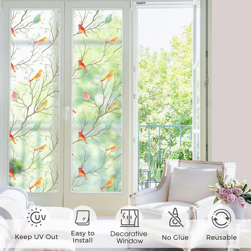Coavas Privacy Window Film Non-Adhesive Translucent Bird Window Film ...