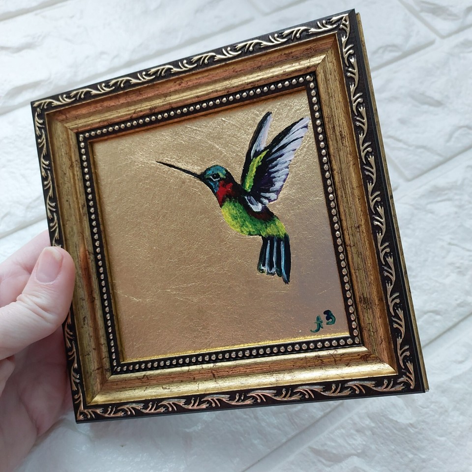 Hummingbird Bird Painting Art Gold Leaf Texture Hand Painted Framed ...
