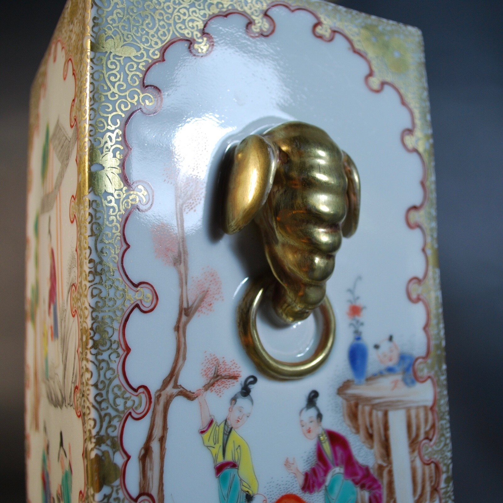Estate Chinese Square Cong Vase with Gold Gilt Elephant Ears Handles ...