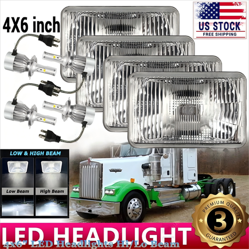4pcs 4x6''120W Led Headlights Hi-Lo Sealed Beam for Peterbilt Kenworth ...