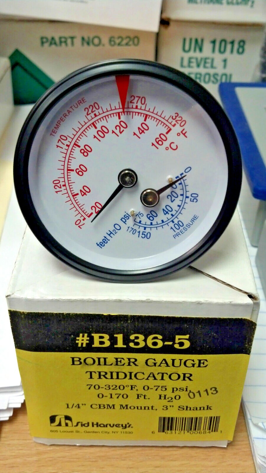BOILER GAUGE TRIDICATOR, 70-320 F, 0-75 PSI, 1/4 CBM MOUNT, 3" SHANK, 2 ...