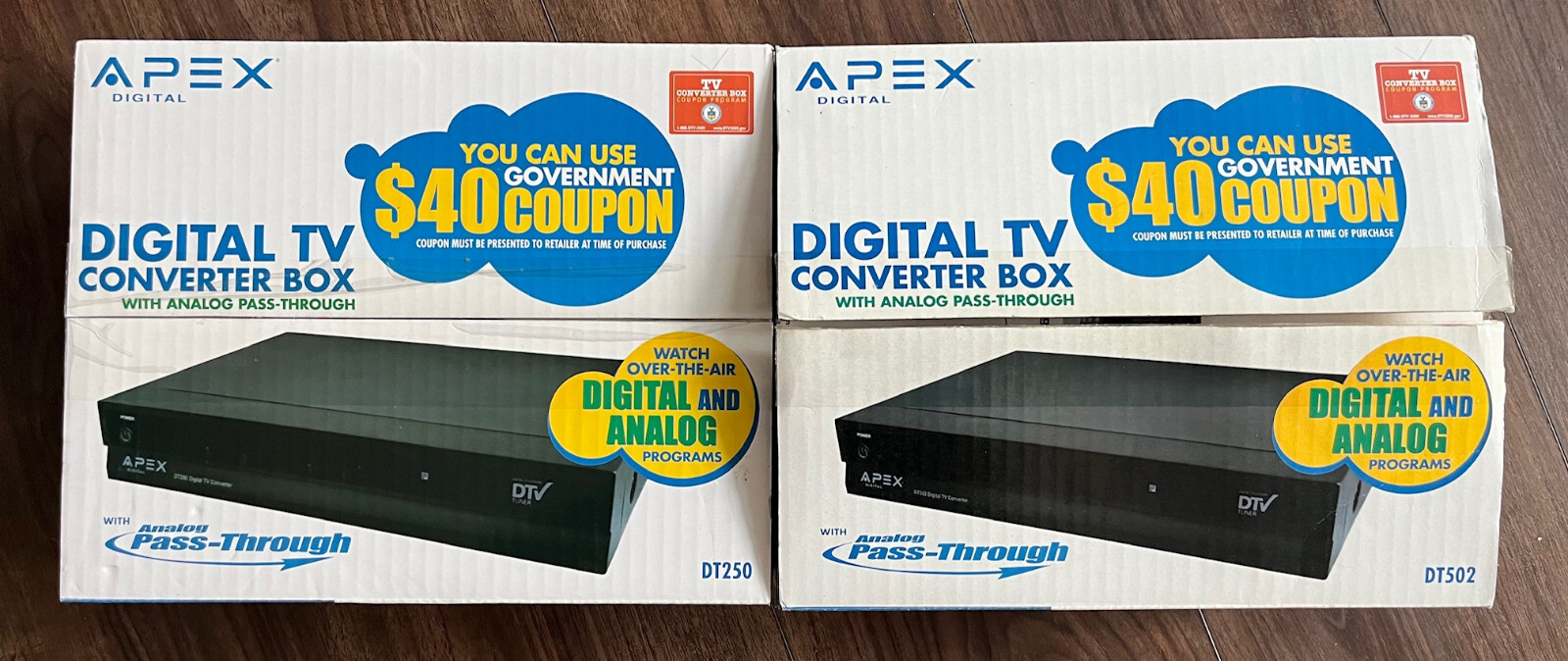 Lot of (2) New Apex DT250 Digital TV Converter Box Analog Pass Through ...