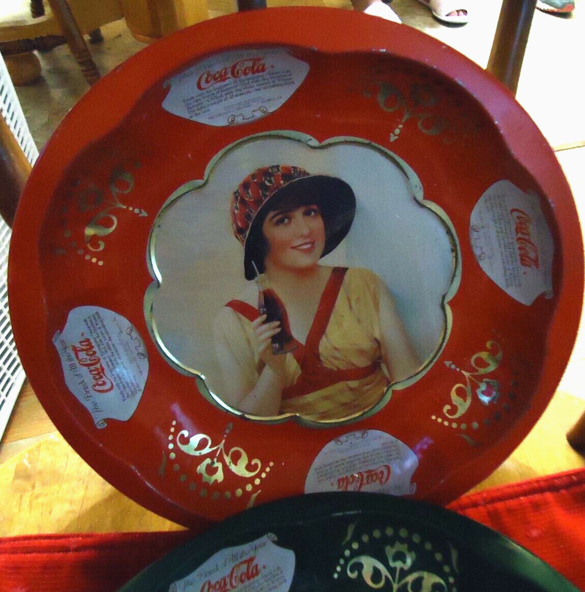 COCA COLA LADIES SERVING TIN TRAYS ROUND 10" DIAMETER SCALLOPED + DOG ...