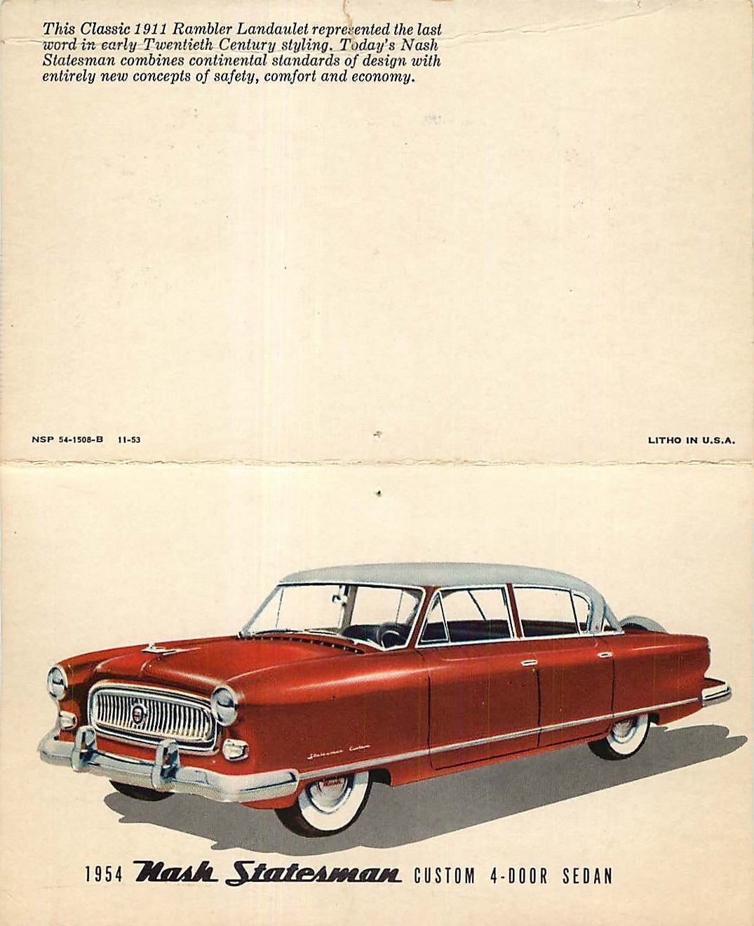 Folding Postcard 1954 Nash Statesman Custom 4 Dr Sedan & 1907 Rambler ...