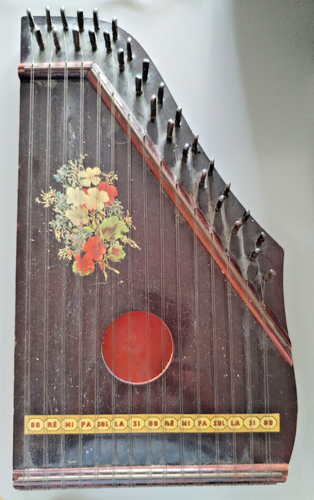 CITHARE BOIS FLEURI LAQUE 15 CORDES DOUBLEES 42*23CM VINTAGE MUSIQUE ...